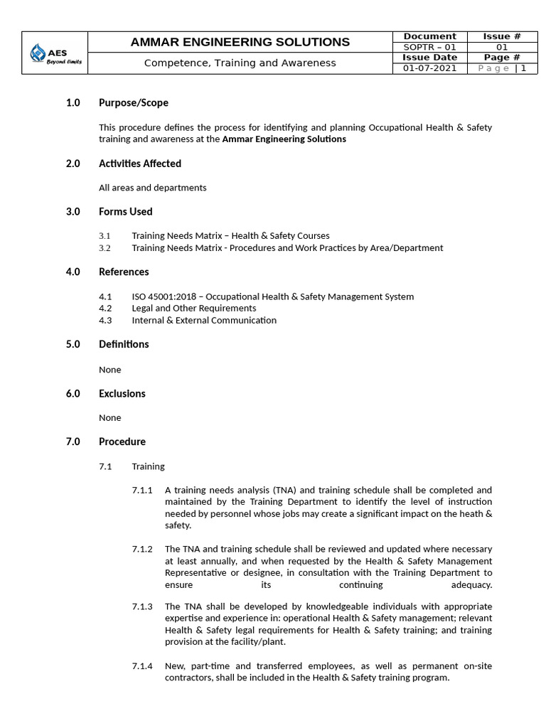 6.1 Competence Training and Awareness Procedure | PDF