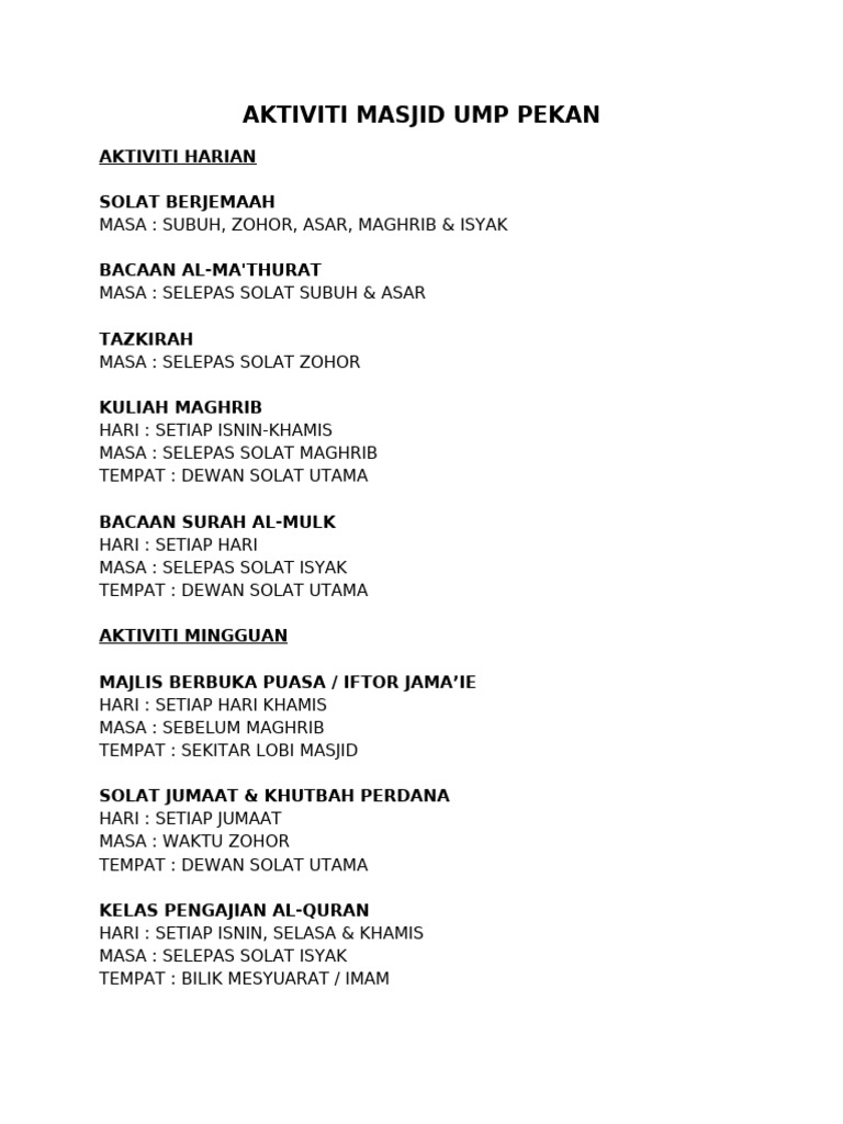 Aktiviti Masjid UMP Pekan | PDF
