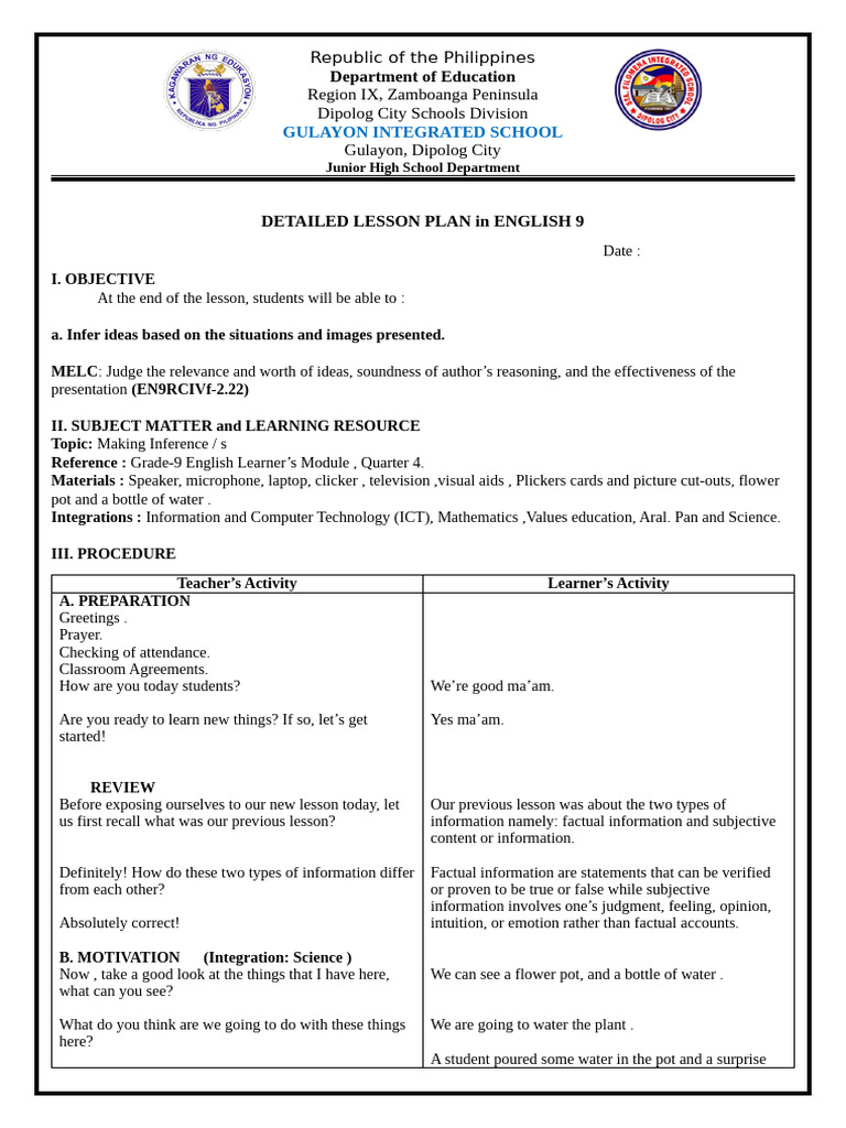 DLP - INFERENCE (JHS) and COMMUNICATION (SHS) | PDF