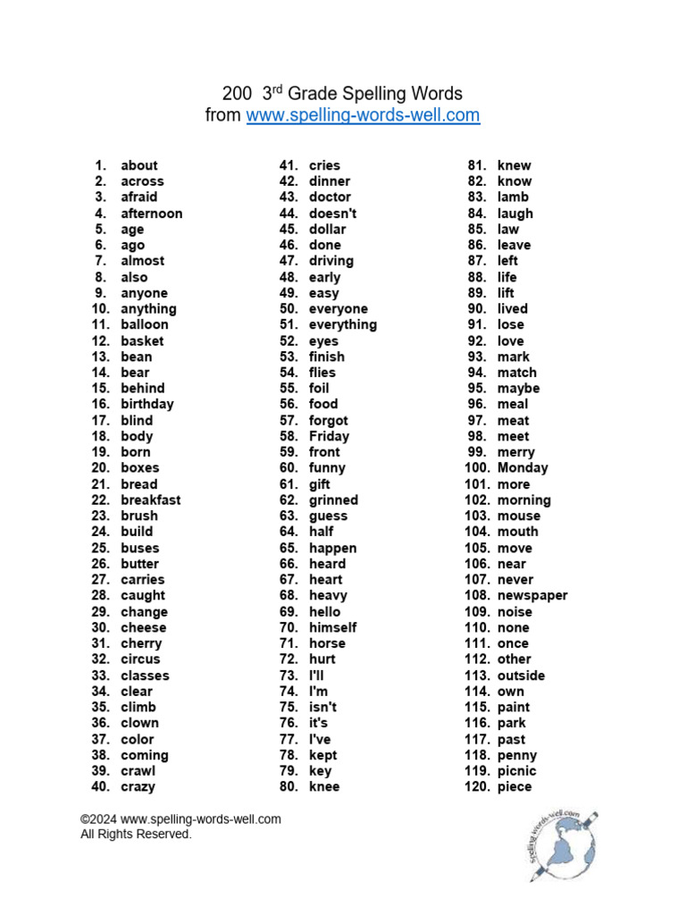 2024 Third Grade Spelling Words | PDF