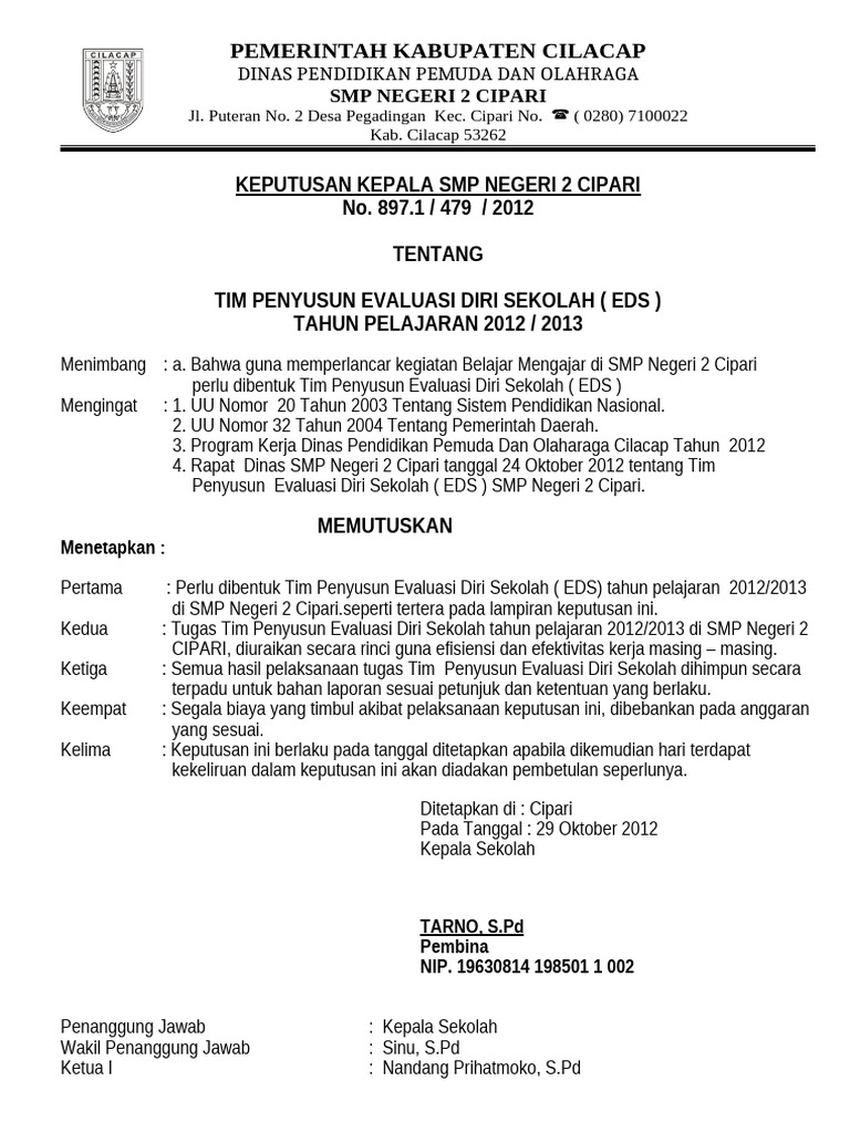 SK Tim Penyusun Evaluasi Diri Sekolah (Eds) | PDF