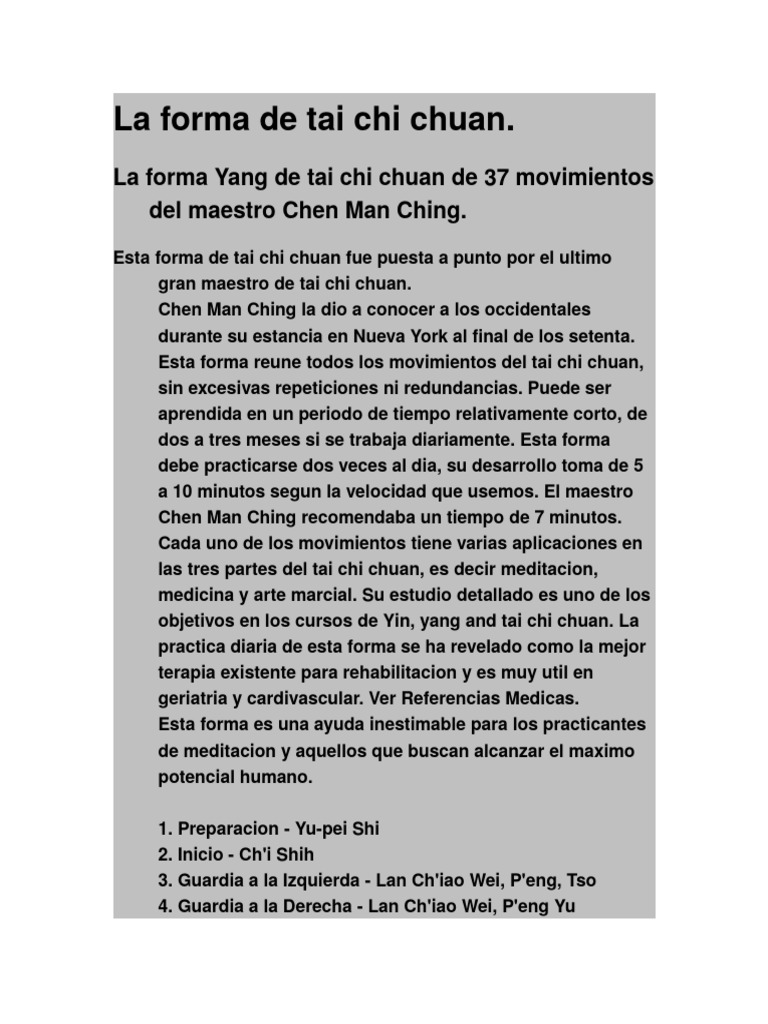 La Forma Yang de Tai Chi Chuan de 37 Movimientos Del Maestro Chen Man ...