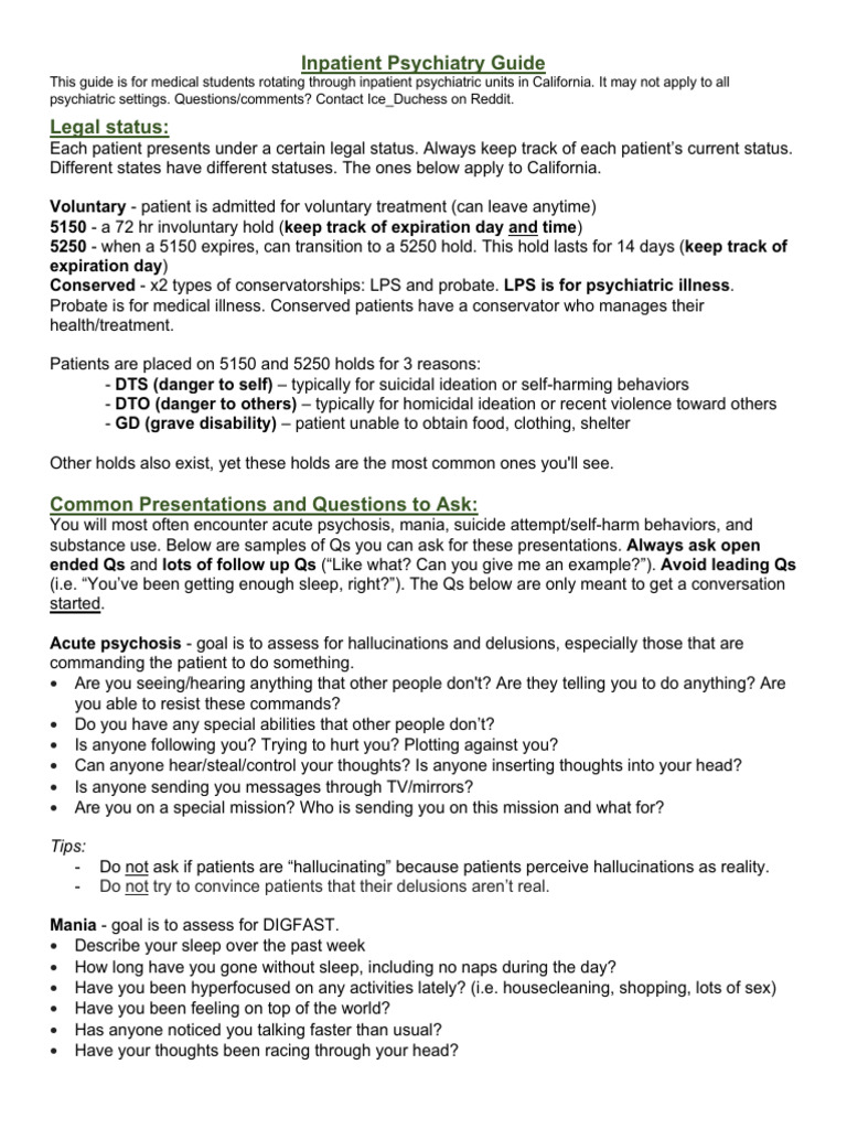 Inpatient Psychiatry Guide For Med Students | PDF