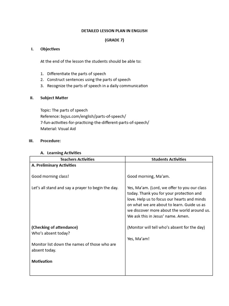 Detailed Lesson Plan in English | PDF | Adverb | Noun