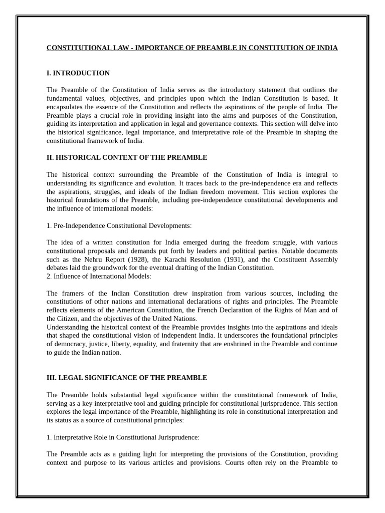 Constitutional Law - Importance of Preamble in Constitution of India ...