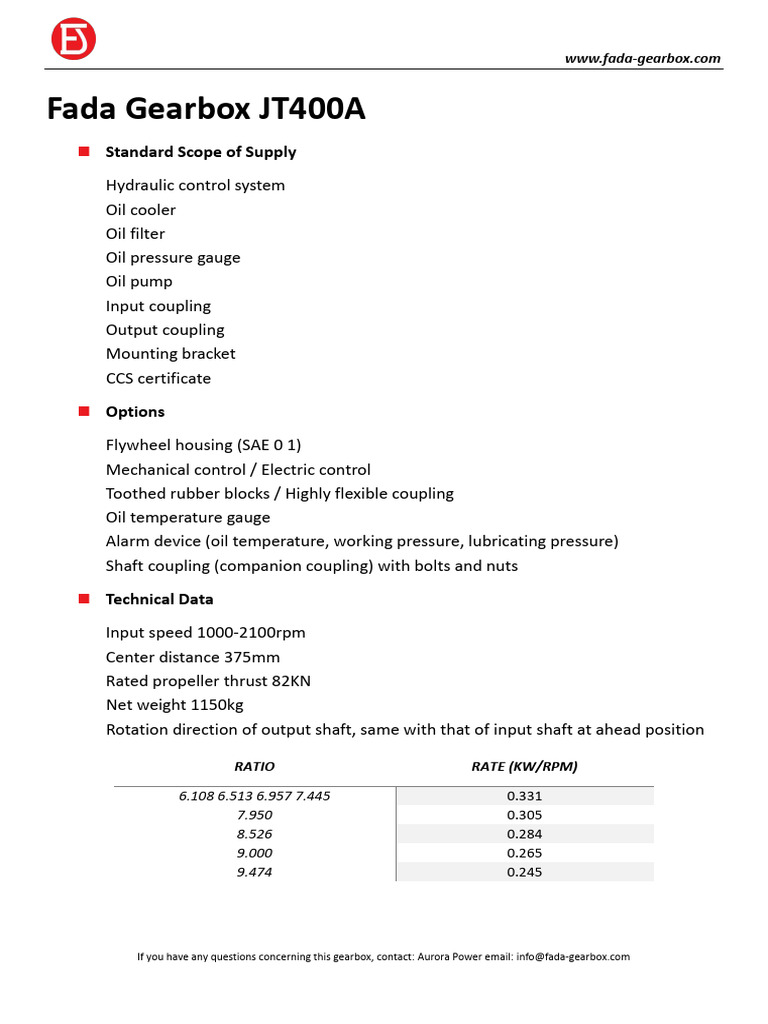 Aurora - JT400A - Fada Gearbox Datasheet | PDF | Technology & Engineering