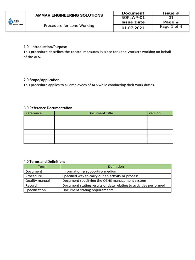 23.1 Lone Working Procedure | PDF