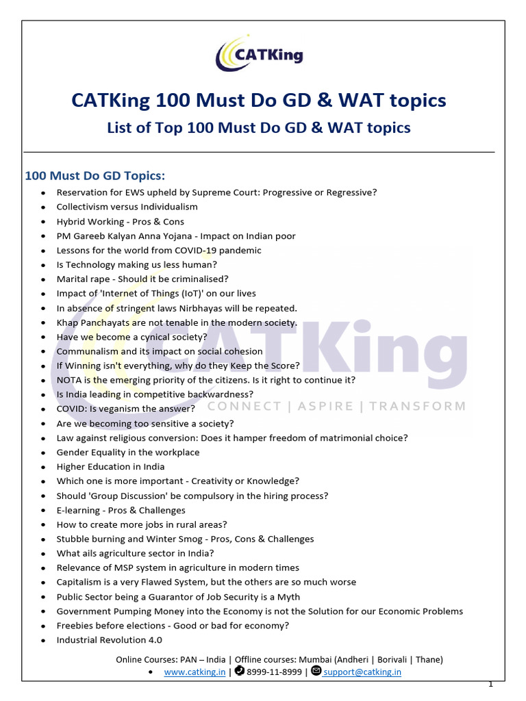 100 Must Do GD WAT Topics | PDF