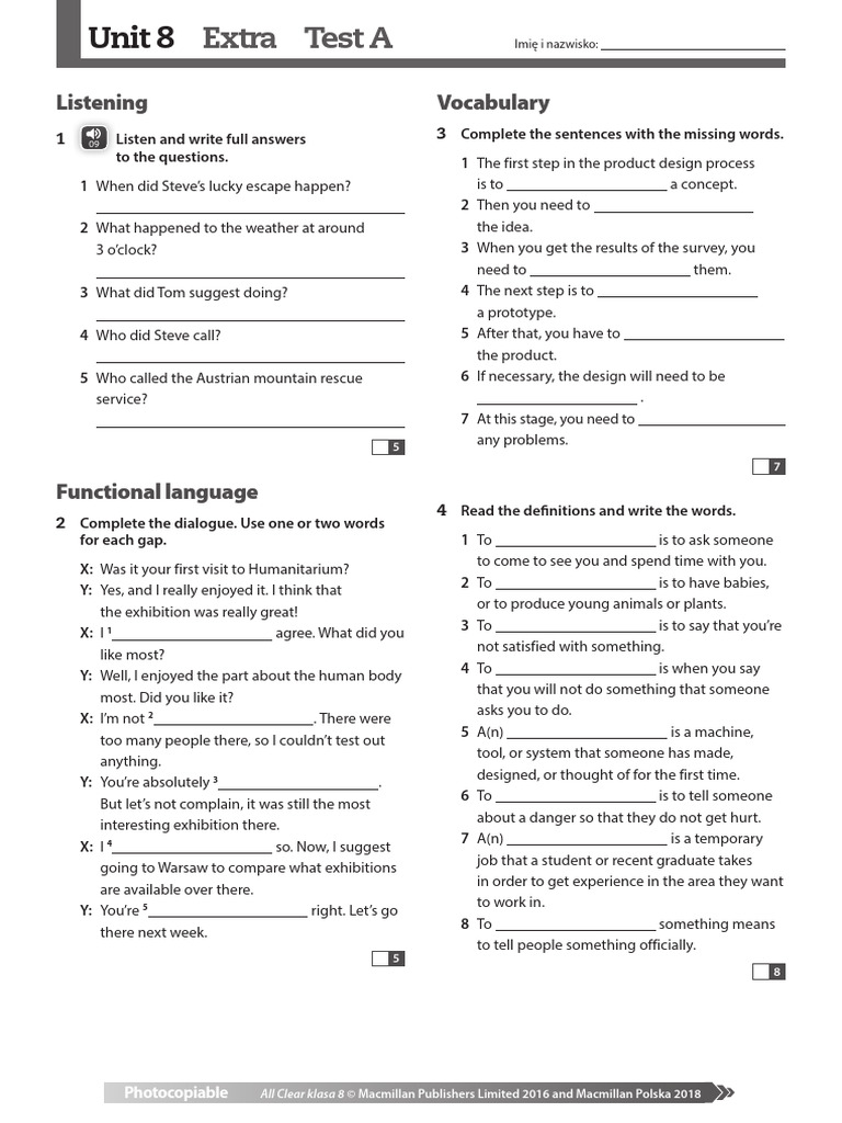 All Clear Kl8 Unit8 Extra Test A | PDF
