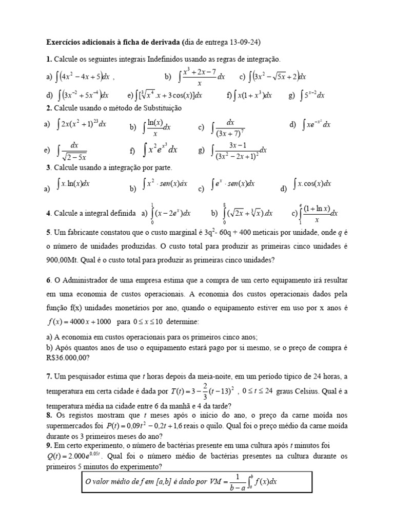 Calculo Integral Exercicio Parte 2 Ano 2024 | PDF