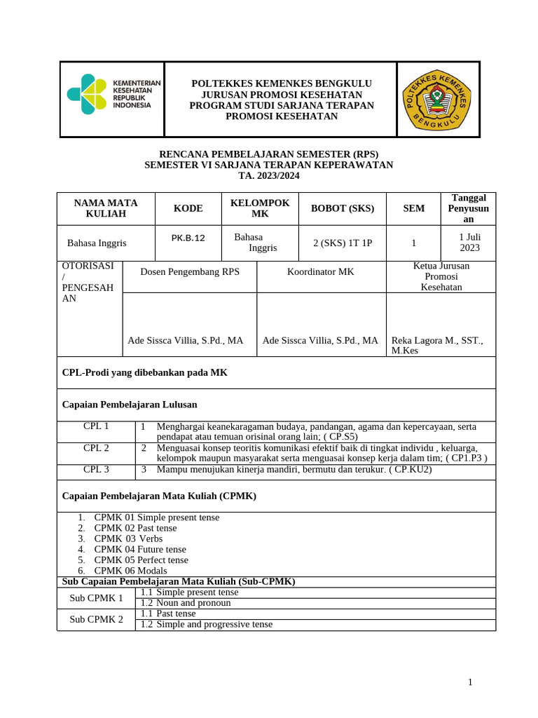RPS BAHASA INGGRIS PROMKES Word | PDF