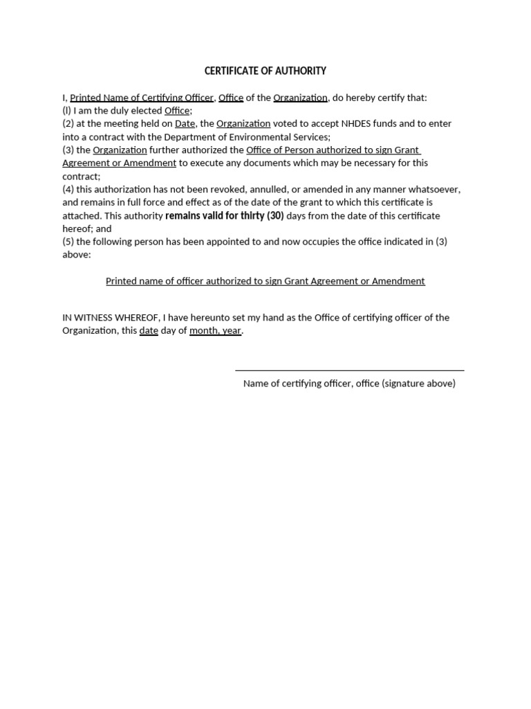 Certificate of Authority Template Grantees | PDF