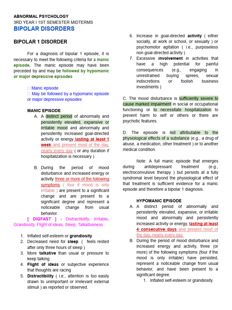 AB PSYCH BIPOLAR DISORDERS REVIEWER / NOTES | PDF