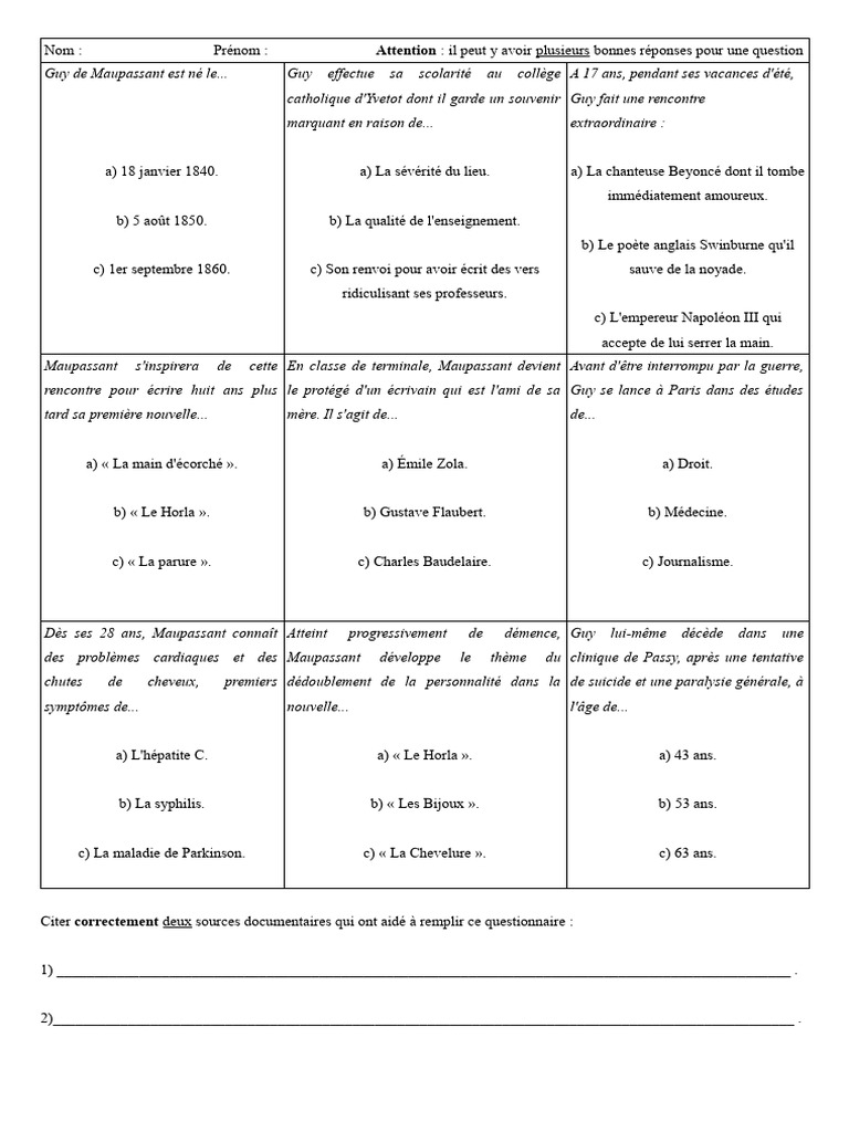 Questionnaire Maupassant | PDF