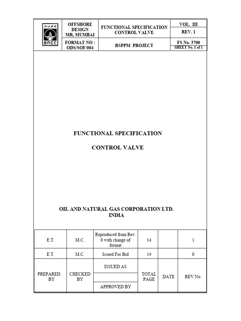 Functional Specification Control Valve | PDF