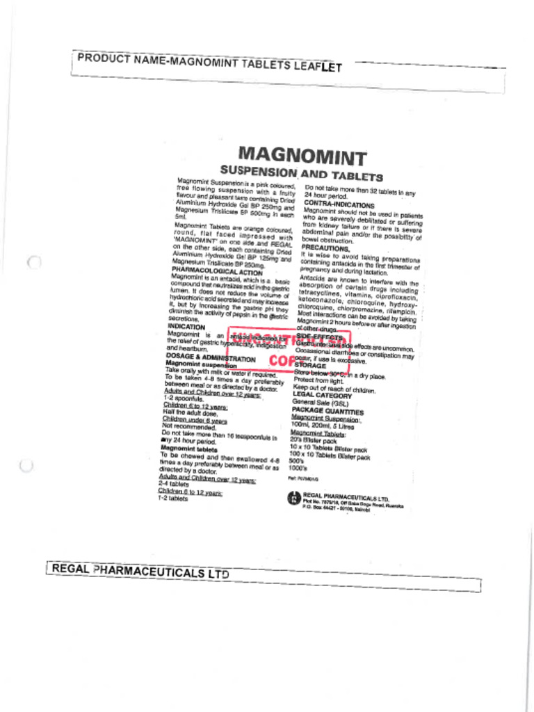 Magnomint Tablets - Magnesium Trisilicate 250mg BP and Dried Aluminium ...