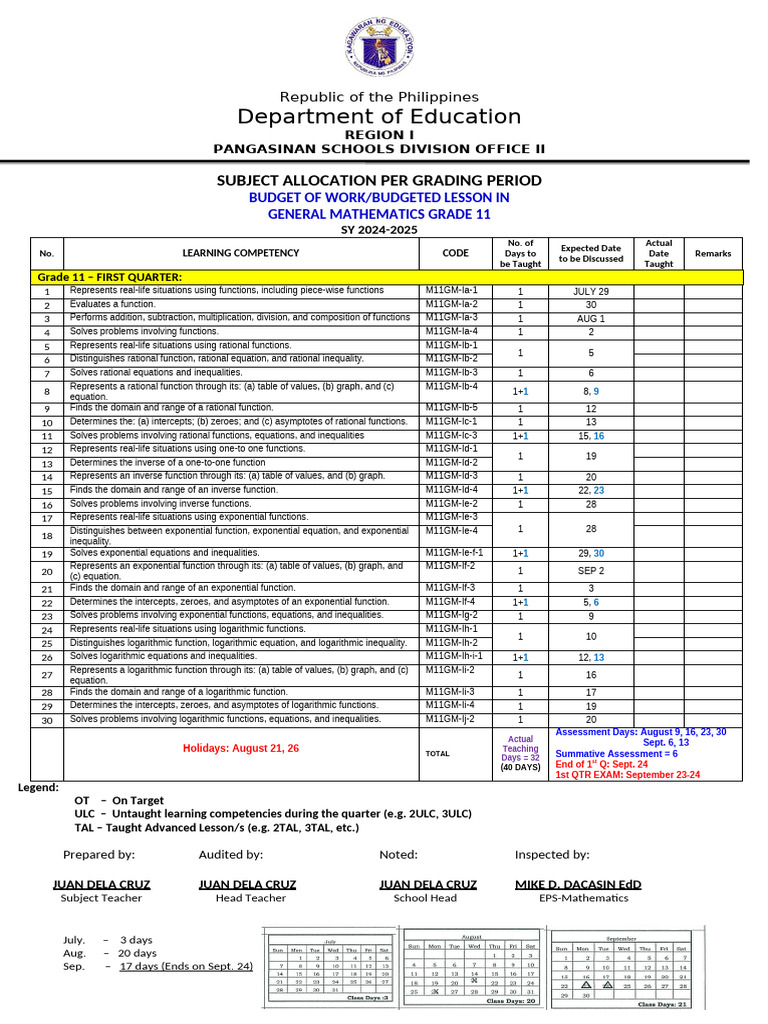 BOW - Budgeted Lesson - G11 GenMath - SY 2024 2025 - 1st QTR | PDF