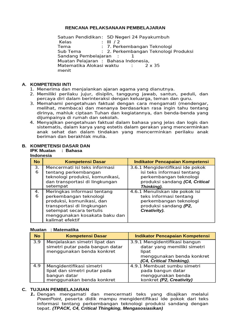 RPP Kls 3 BK Epi | PDF