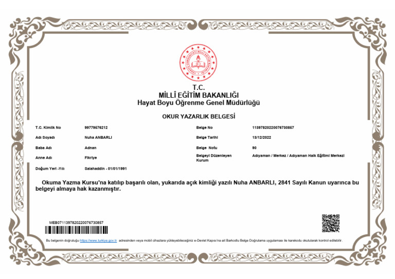 Milli Egitim Bireysel Okur Yazarlik Belgesi Sorgulama | PDF