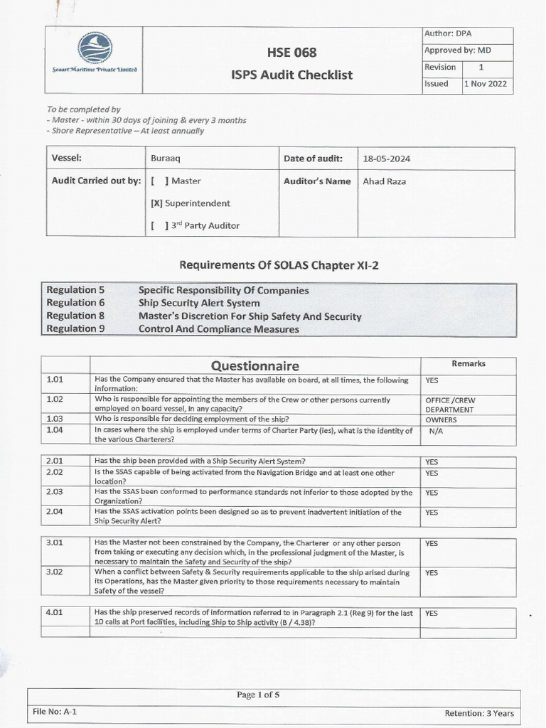 Hse 068 Isps Audit Checklist. | PDF