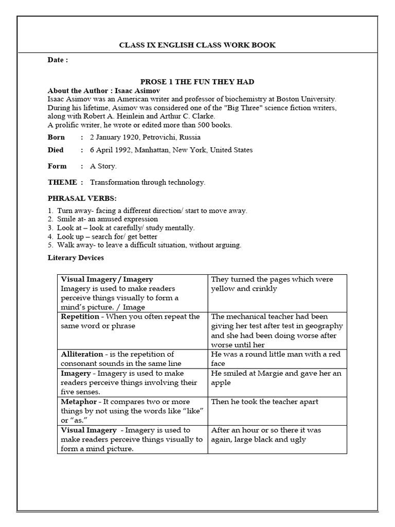 CBSE English Class IX Class Work The Fun They Had (Teachers' Copy) | PDF