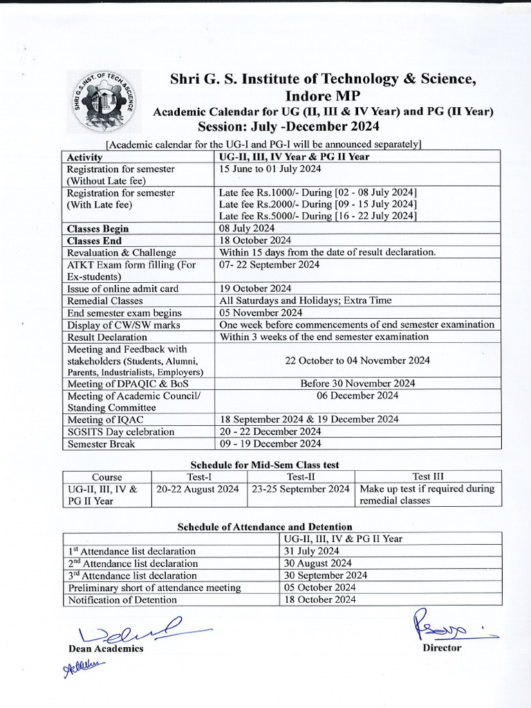 Academic Calender JUL-DeC 2024 | PDF