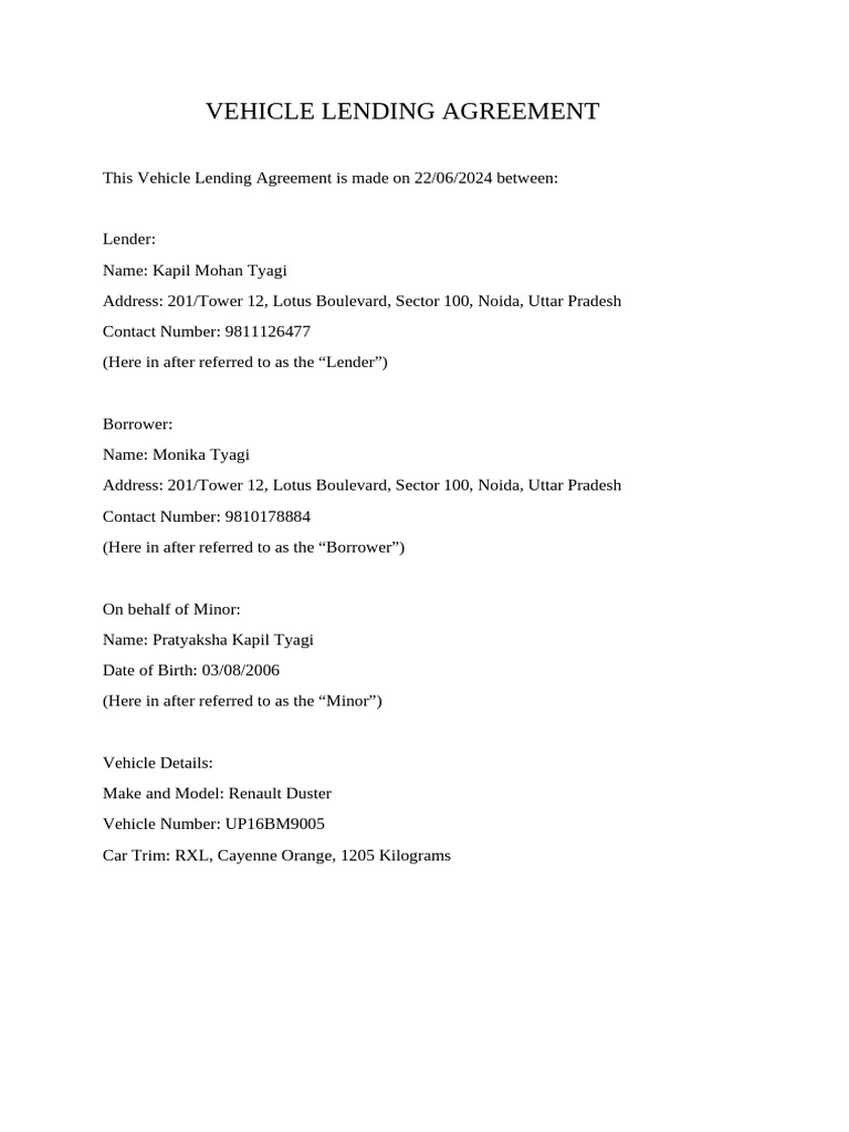 Vehicle Lending Agreement | PDF