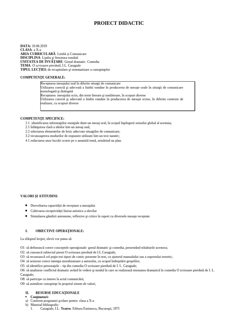 Proiect Didactic o Scrisoare Pierduta | PDF