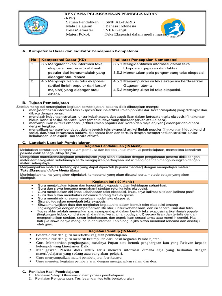3 - RPP - 1 - Lembar - Bhs. - Indo - Kelas - 8 - Sem.1 - Teks Eksposisi Rev | PDF