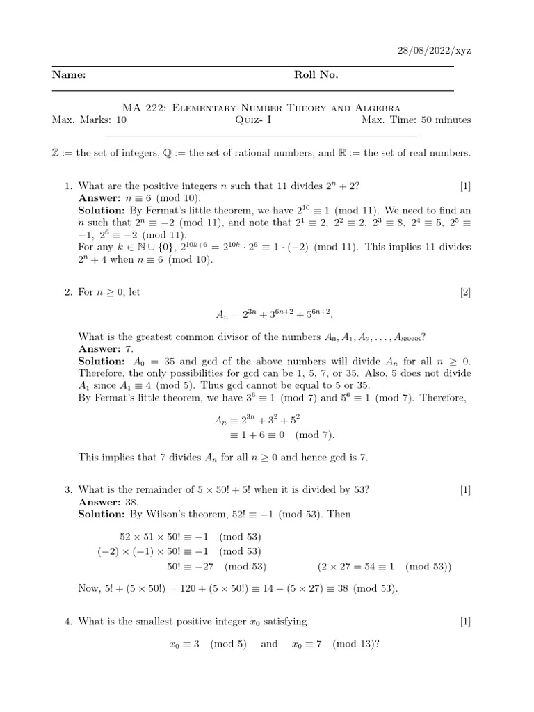 QUIZ I Xyz Solutions | PDF