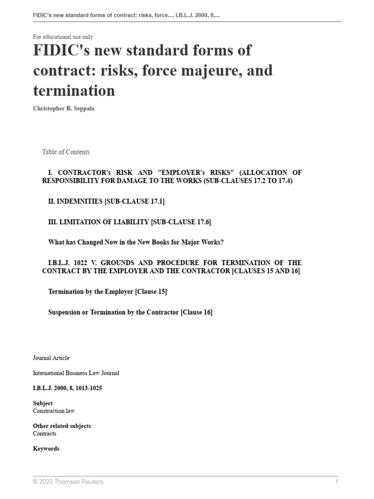 FIDICs New Standard Forms of Contract Risks Force Majeure and ...