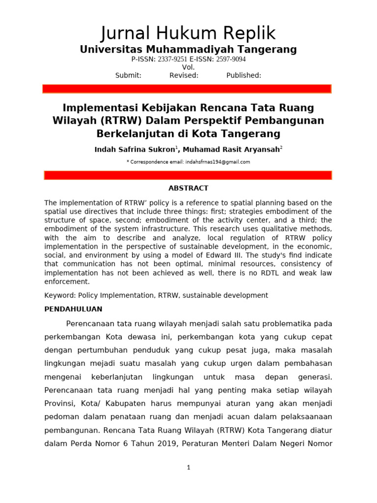 Implementasi Kebijakan Rencana Tata Ruang Wilayah (RTRW) Dalam ...