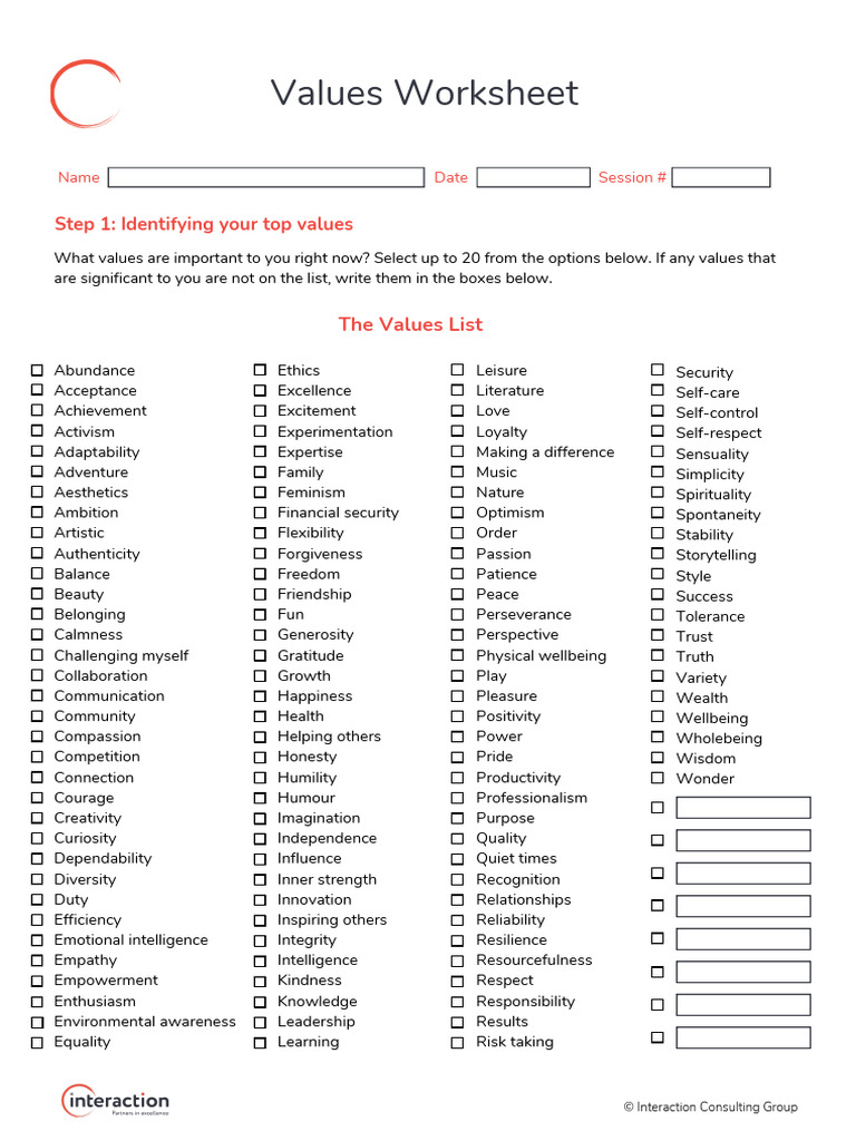 Values Worksheet Interaction | PDF
