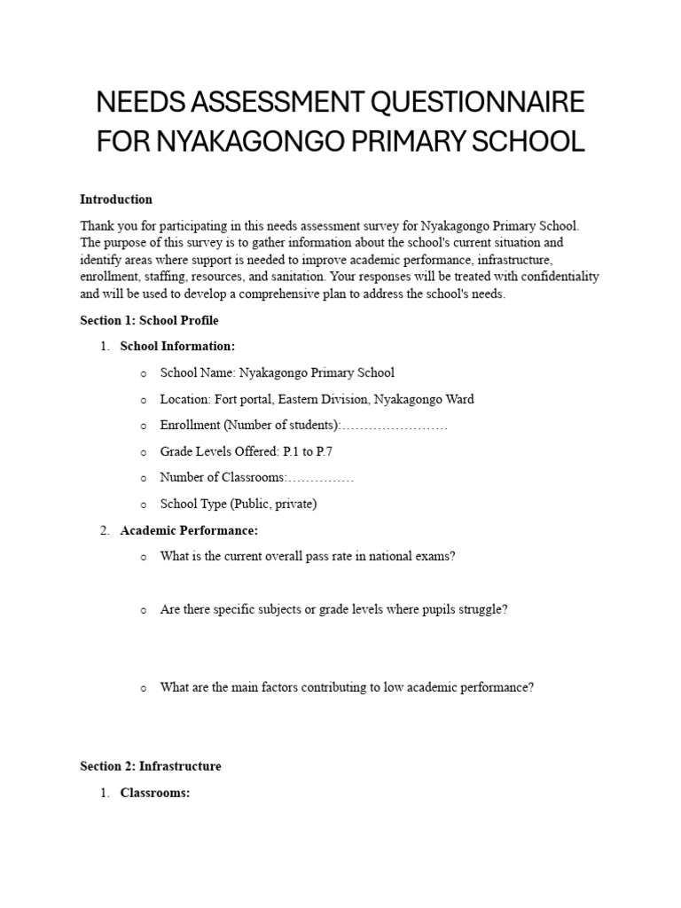 Needs Assessment Questionnaire For Nyakagongo Primary School | PDF ...