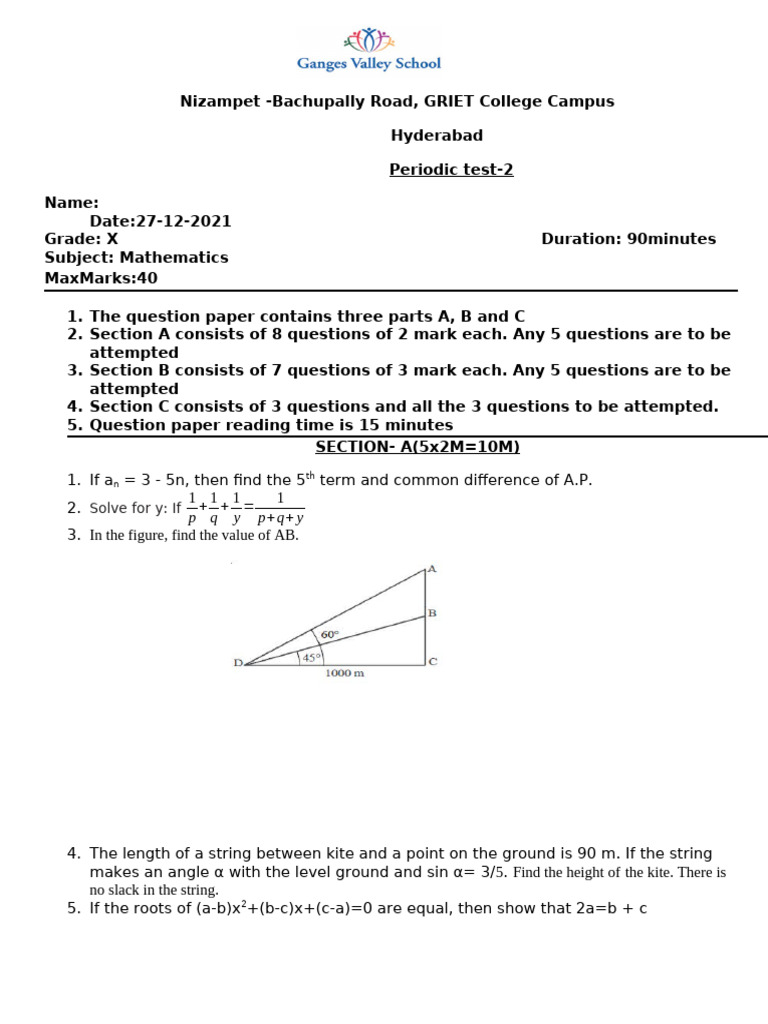 G10-PT2 - Math Question Paper | PDF