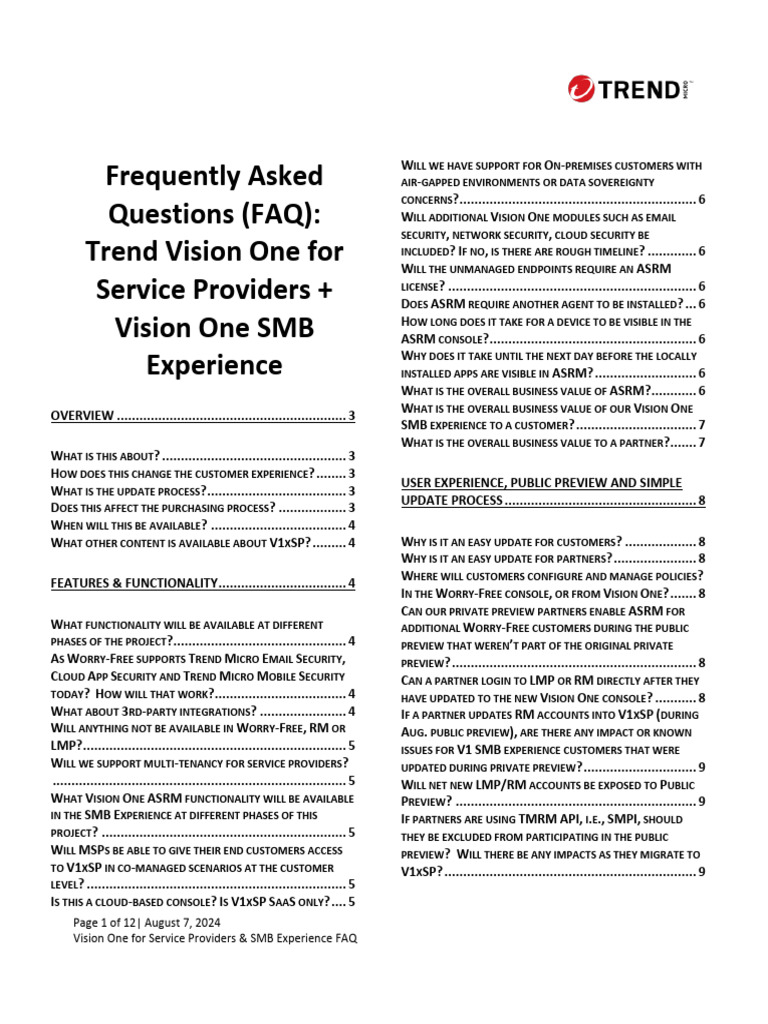 Trend Vision One For Service Providers & SMB Experience - FAQ | PDF | Computer Security | Security
