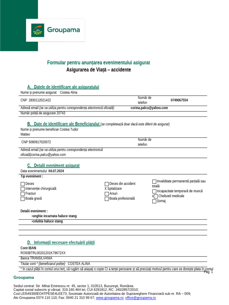 1327 - Formular Pentru Anuntarea Evenimentului Asigurat - Asigurari de Viata - Acc... Costea ...