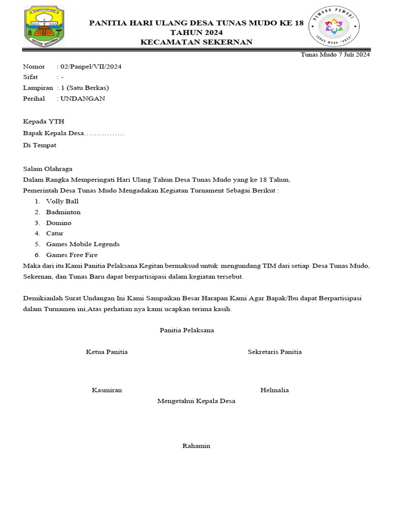 Surat Undangan Ulang Tahun Desa Tunas Mudo | PDF