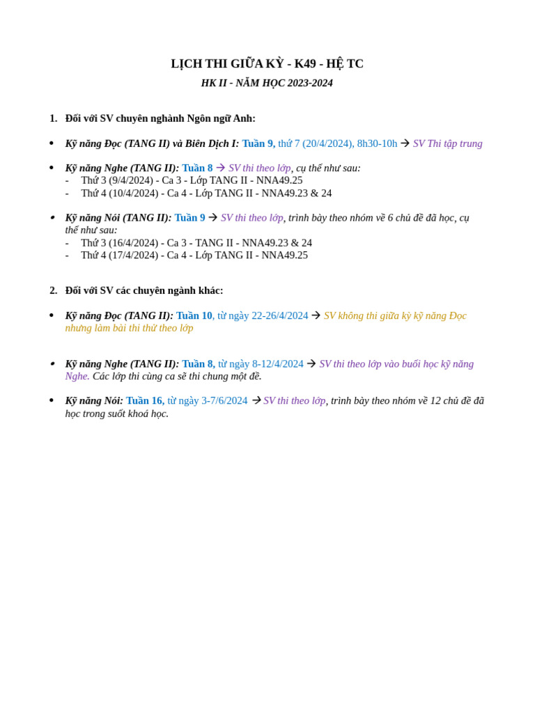 Lịch Thi GK - HK II - K49 - Hệ TC | PDF