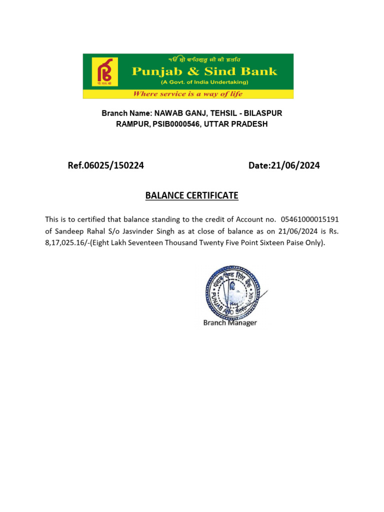Sandeep Rahal Balance Certificate | PDF