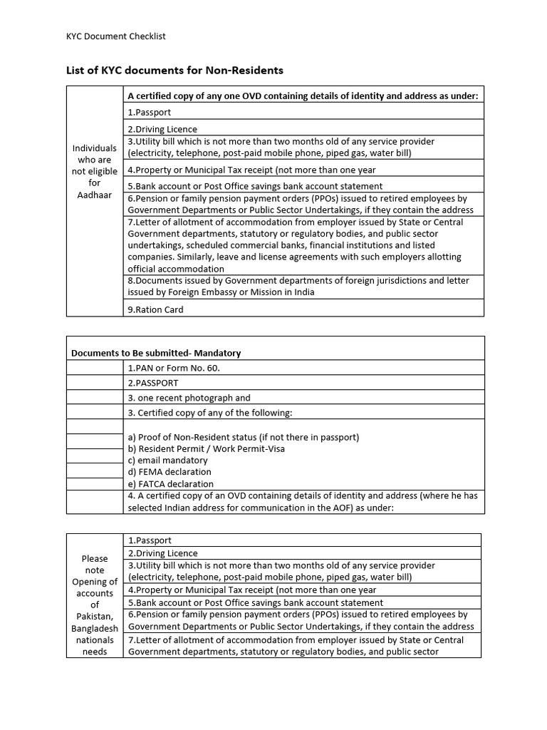 List of KYC Documents For Non Resident | PDF