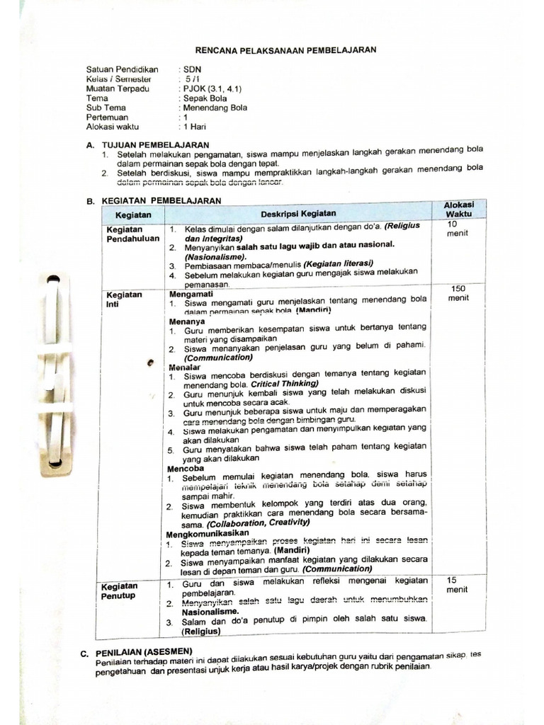 RPP Pjok Kelas 5 Pak Rizal | PDF