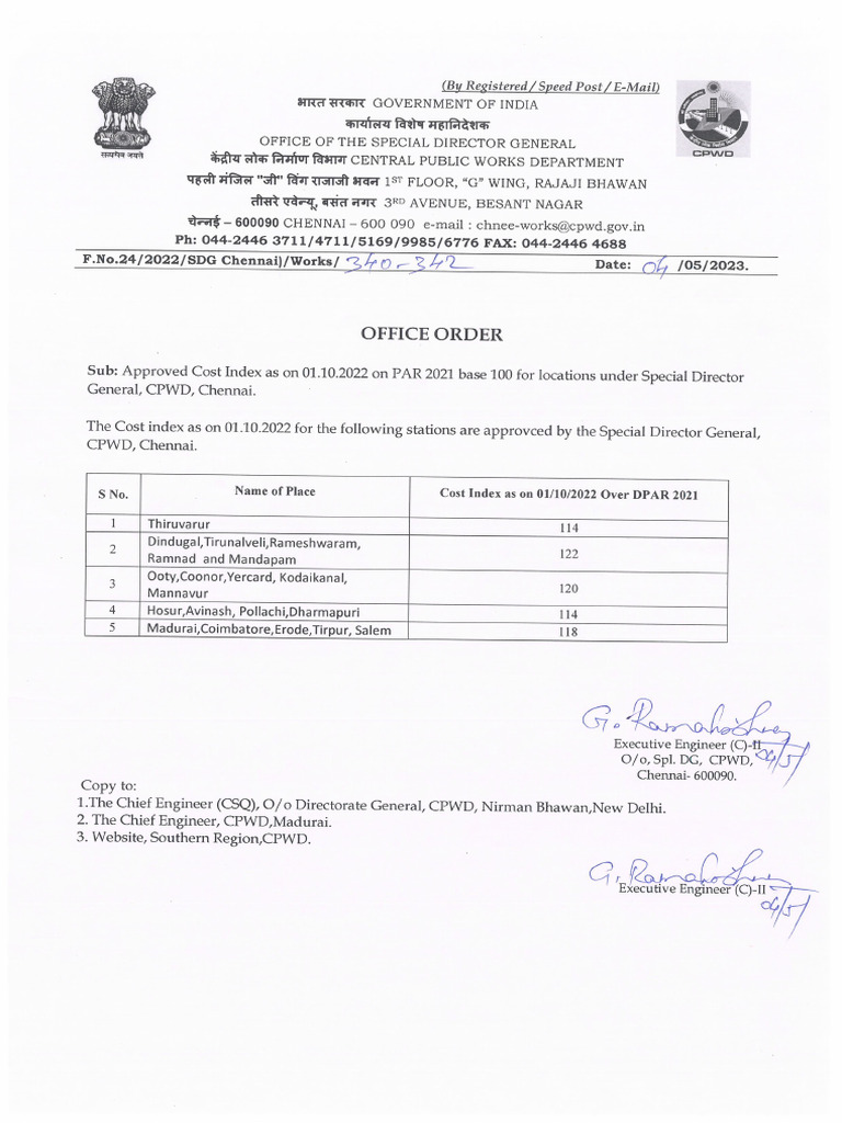 CPWD Cost Index For Rameswaram - 01.10.22 | PDF