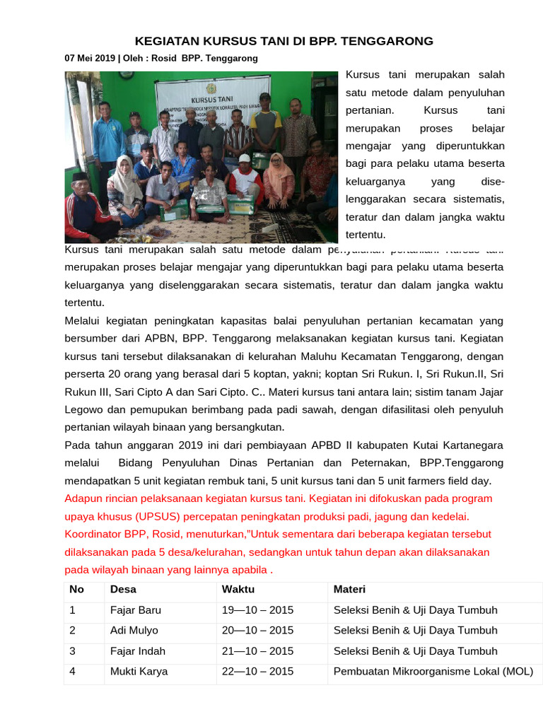 Kegiatan Kursus Tani Di Bpp. Tenggarong | PDF