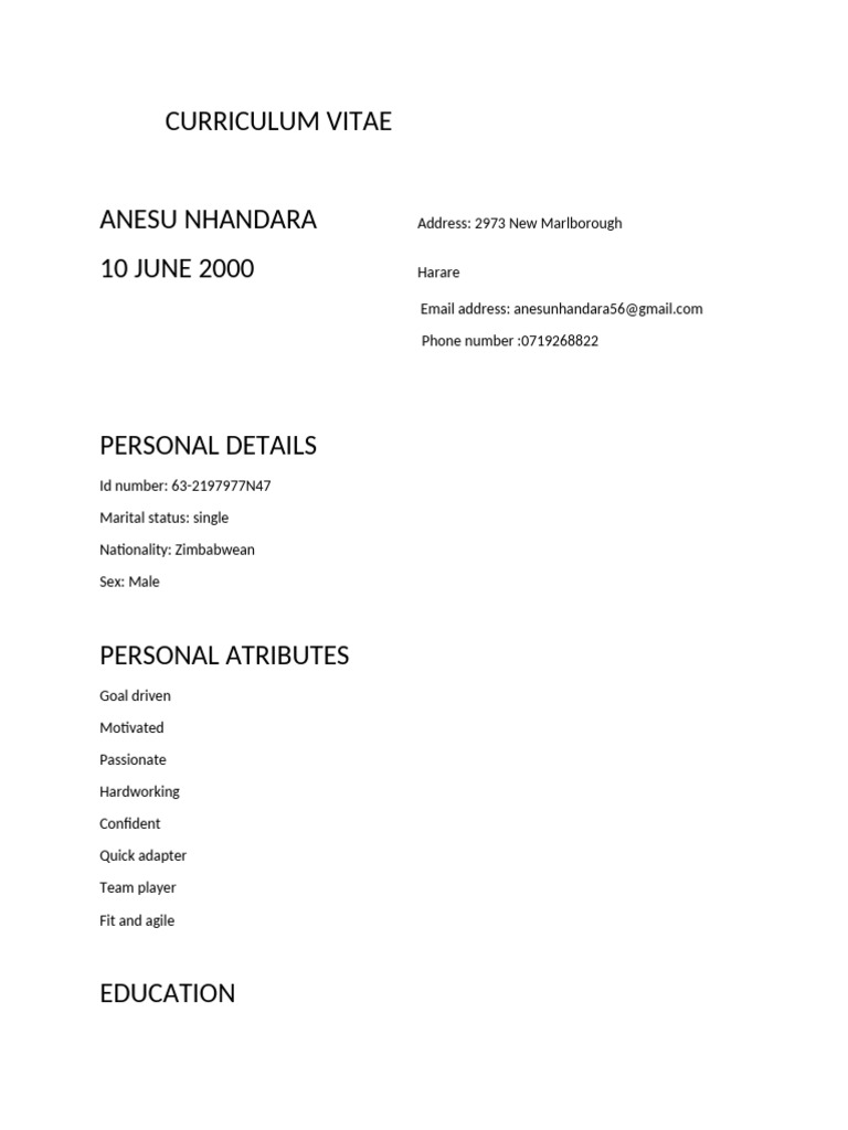 Anesu Nhandara CURRICULUM Vitae | PDF