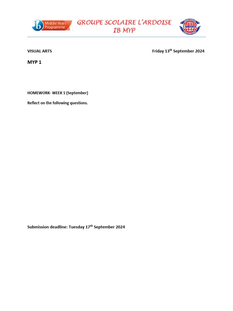 MYP 1 VISUAL ARTS - Week 2 - 13-09-24 | PDF