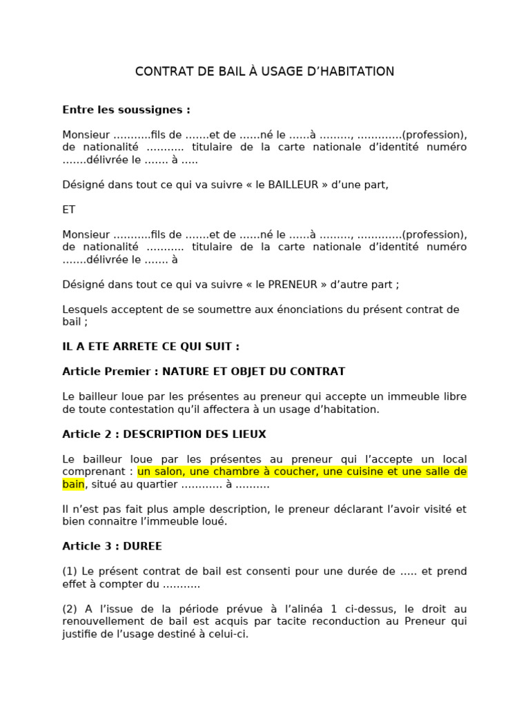 Spécimen Contrat de Bail À Usage D'habitation | PDF