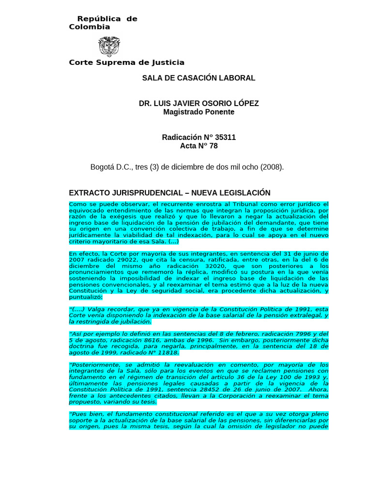Sala de Casación Laboral Dr. Luis Javier Osorio López Magistrado Ponente Radicación #35311 Acta ...