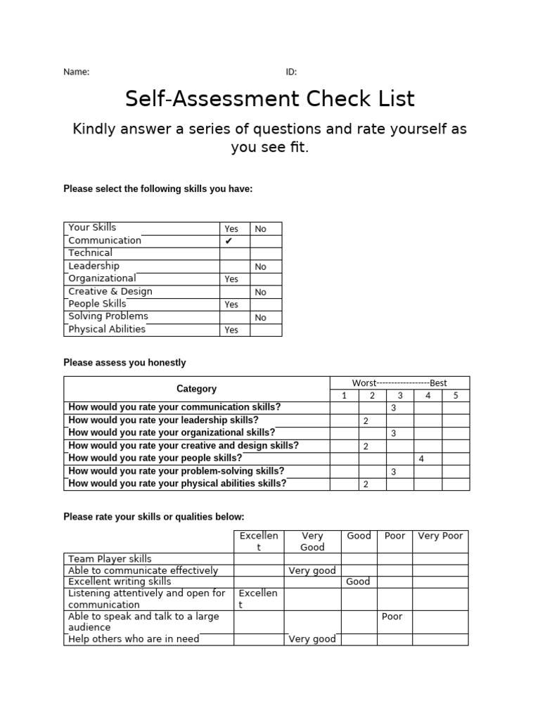 Self Assessment Checklist (J) | PDF