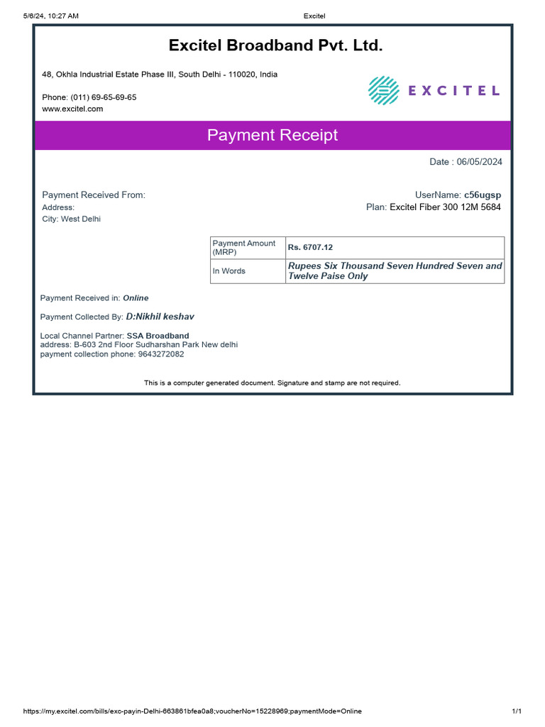Excitel Payment Receipt | PDF